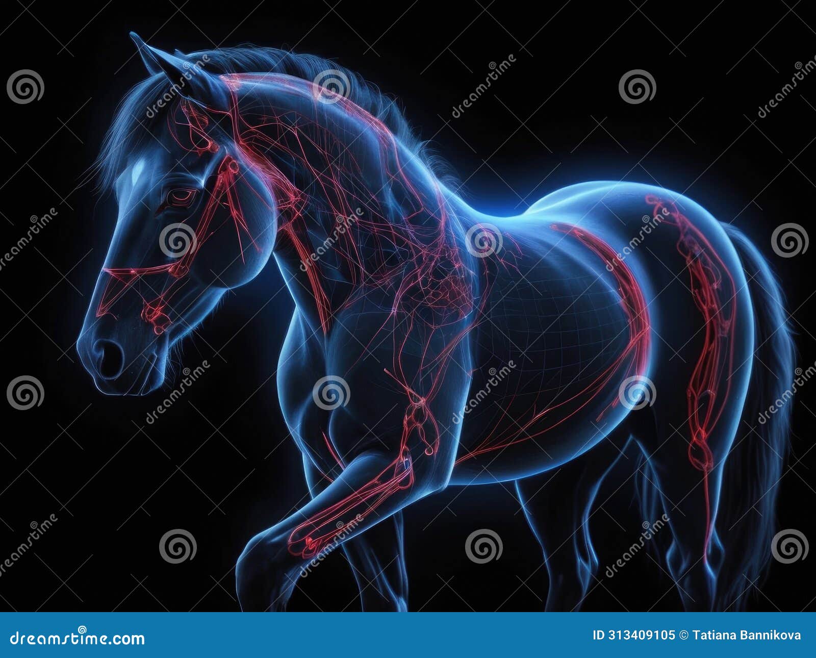 3D Illustration of a Horse with a Circulatory System on a Black ...