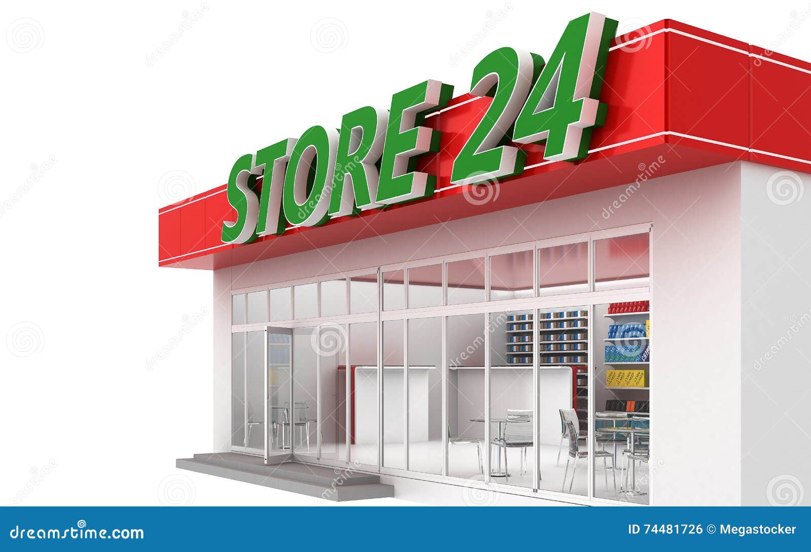 3D Illustration of a 24-hour Store with Cafe Stock Illustration ...