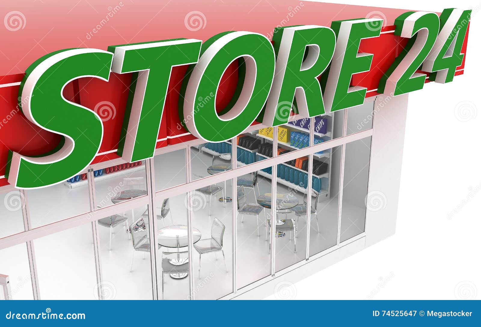 3D Illustration of a 24-hour Store with Cafe Stock Illustration ...