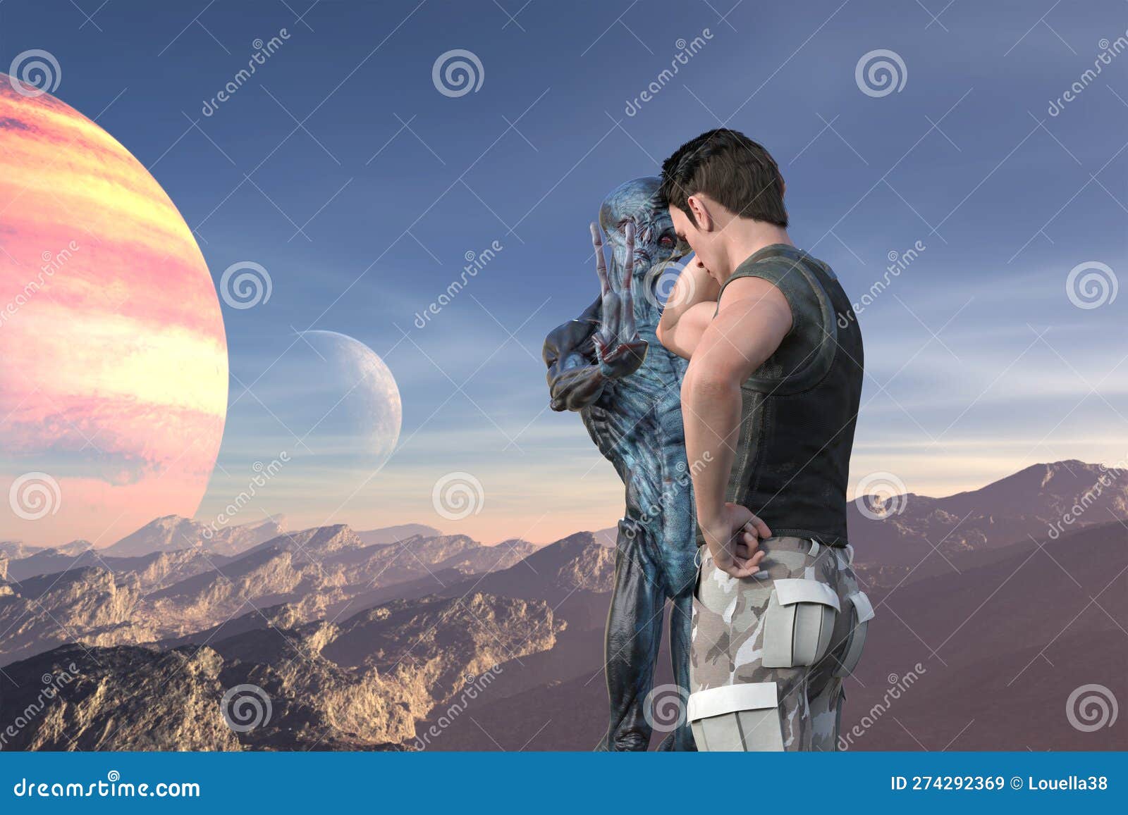 Illustration of a Human and an Alien Interacting on an Alien World ...
