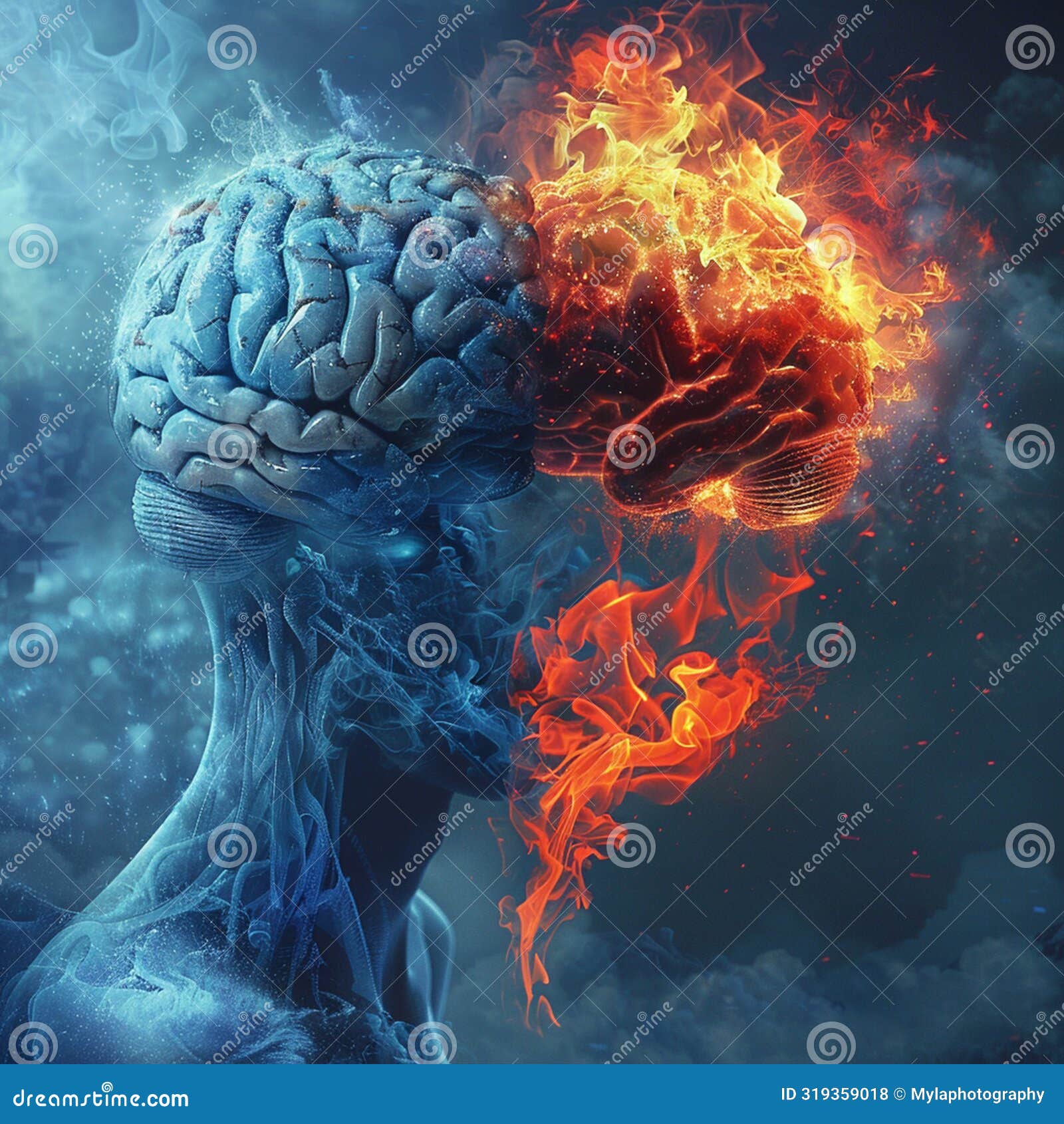 The Human Brain Shown with Flames Stock Illustration - Illustration of ...