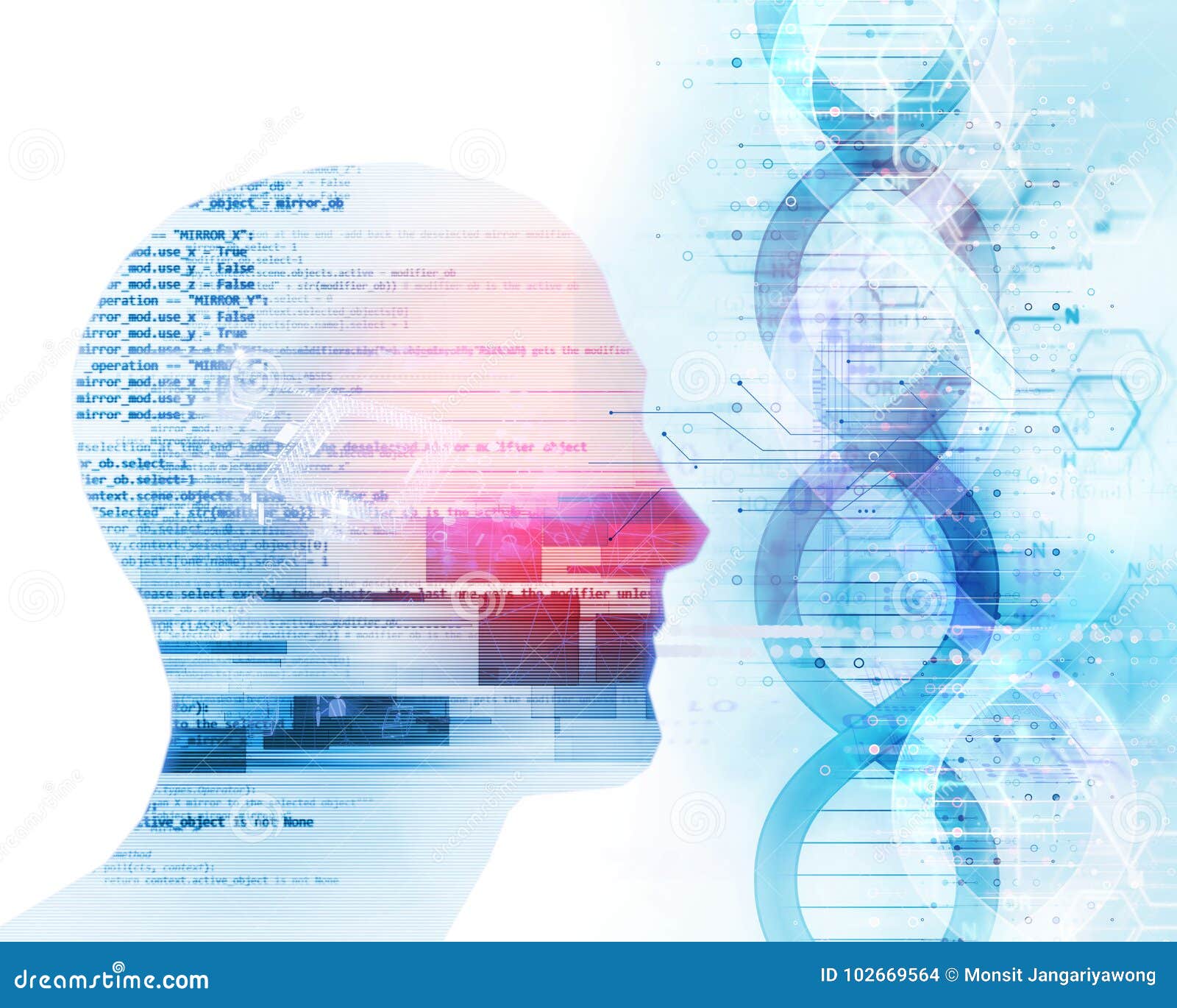 3d Illustration of Human Head on Dna Molecules Abstract Technol Stock ...