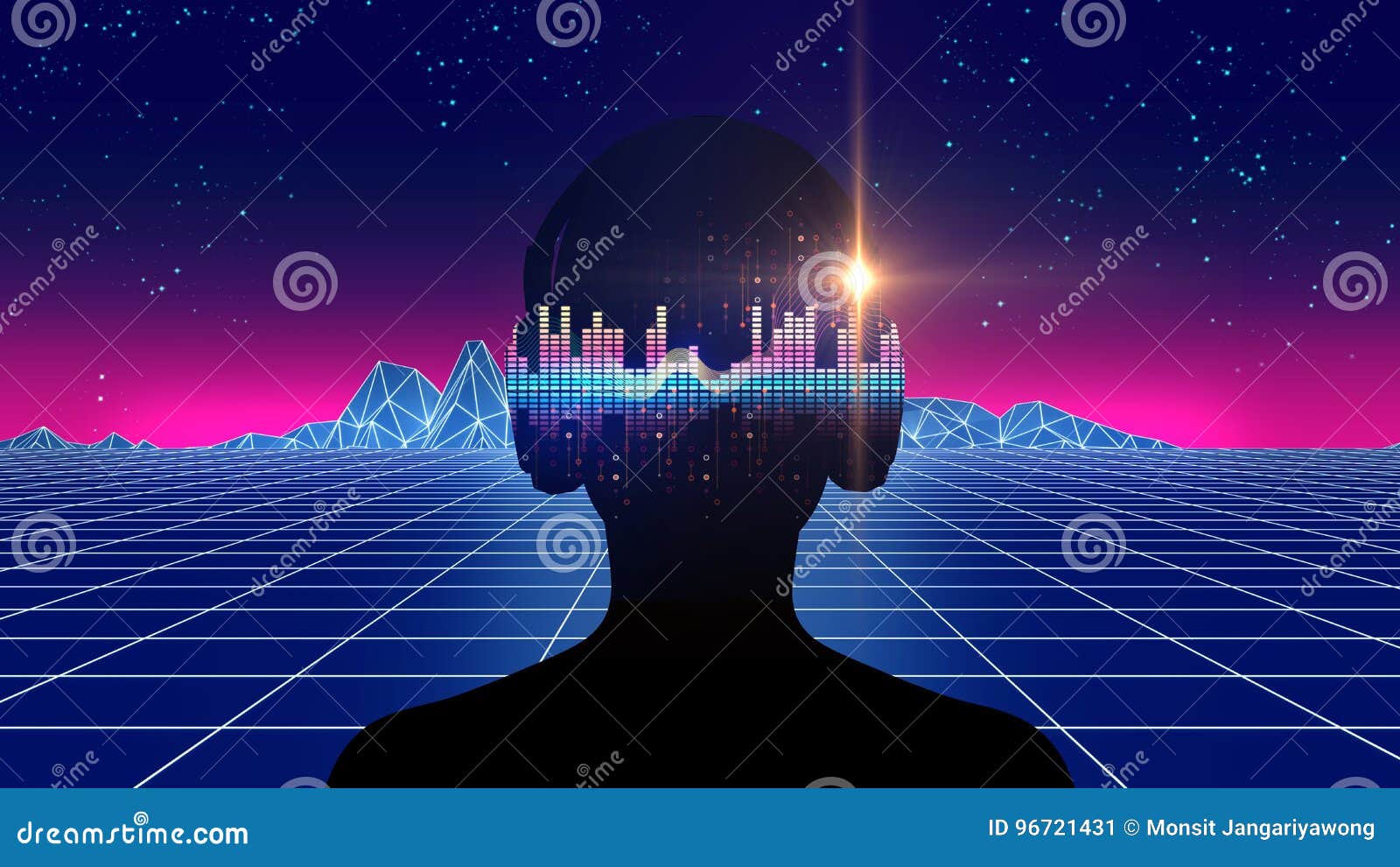 3d Illustration of Human with Headphone on Audio Waveform Abstract ...