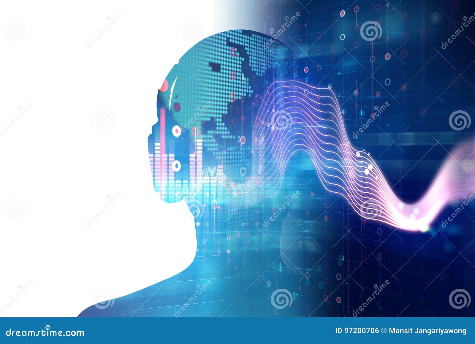 3d Illustration of Human with Headphone on Audio Waveform Stock ...
