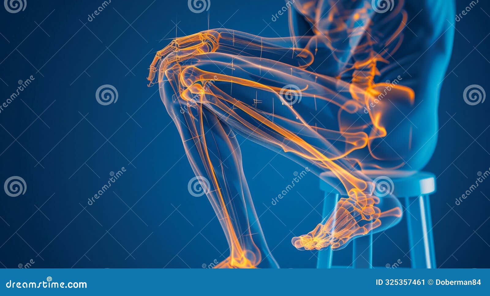 3D Illustration of Human Skeletal System Sitting on Stool with ...