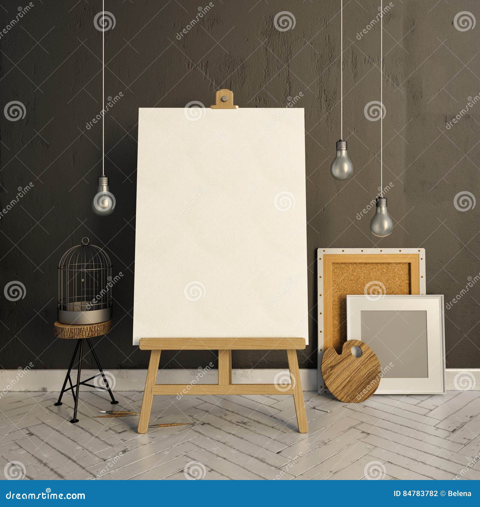 3d Illustration, Interior Hipster. Installation with Easel Stock ...