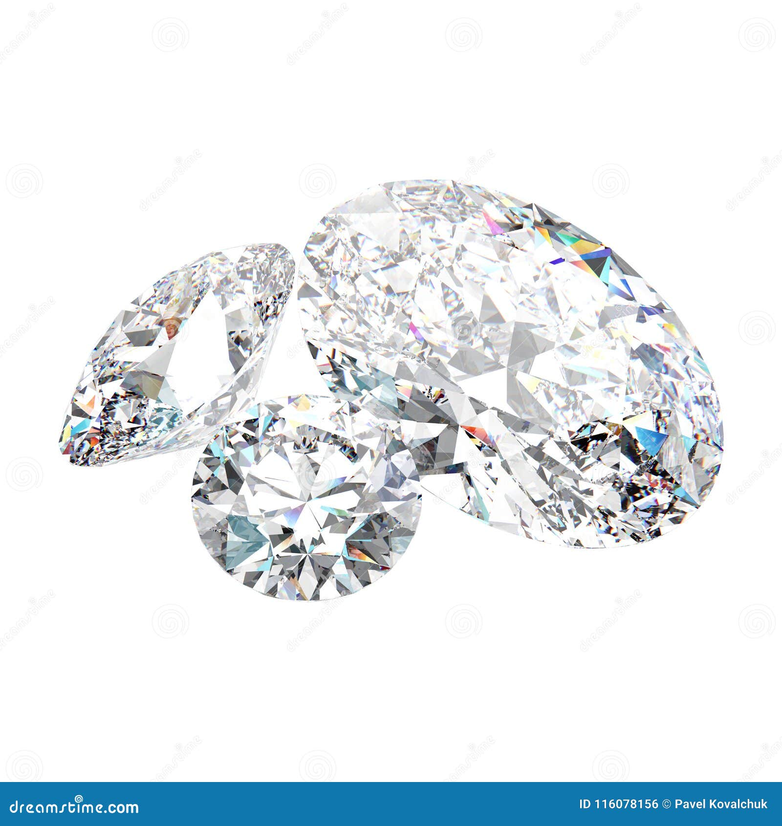 3D Illustration Isolated Group of Three White Round Diamonds Stones ...
