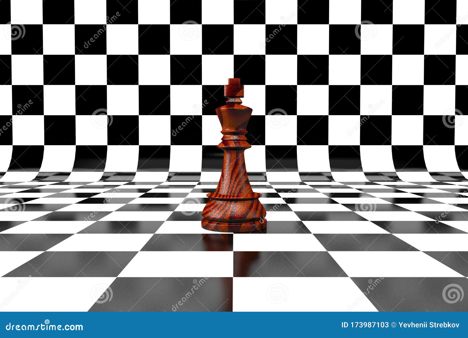 3D Illustration of a King Chess Piece on a Curved Chessboard Stock ...