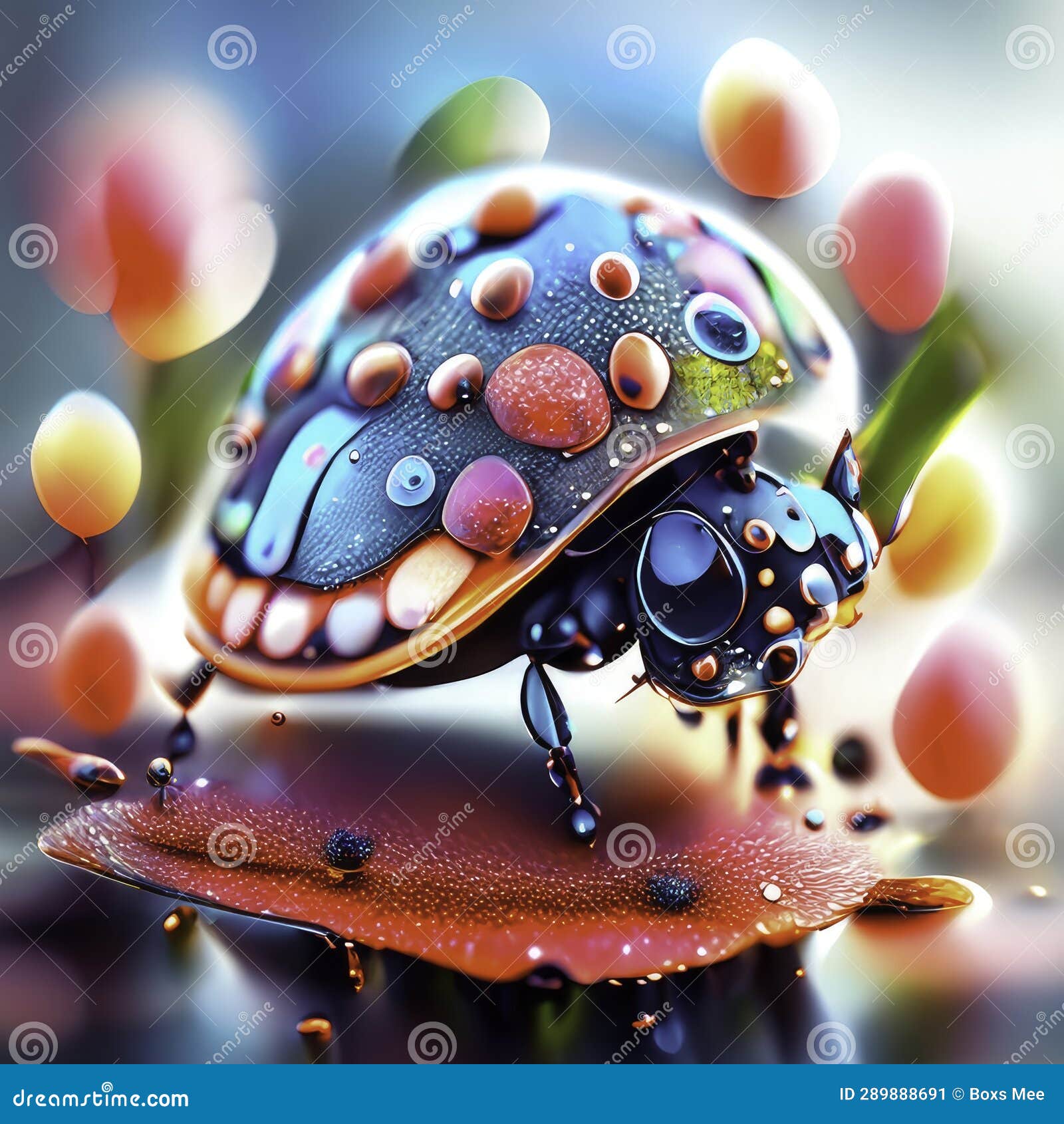 3d Illustration of Ladybug on Water Surface with Bubbles and Drops ...