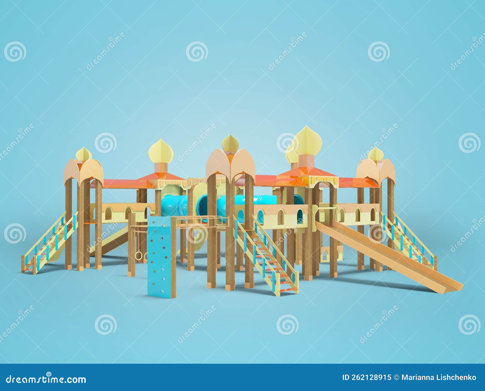 Large Playground With A Bench, Trees And Shrubs. Vector Illustration Of ...
