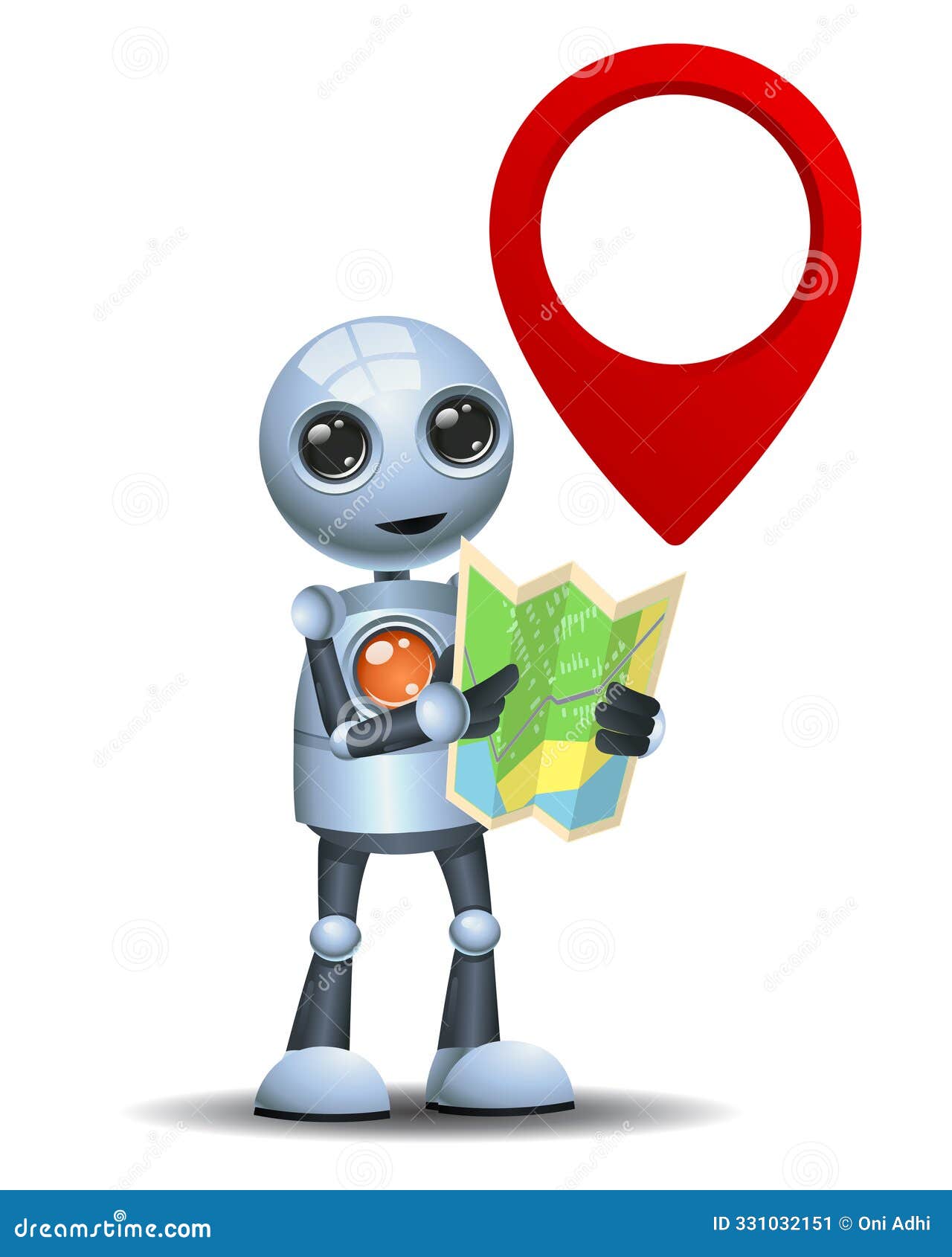 3D Illustration of a Little Robot Worker Reading Map Paper Stock Vector ...