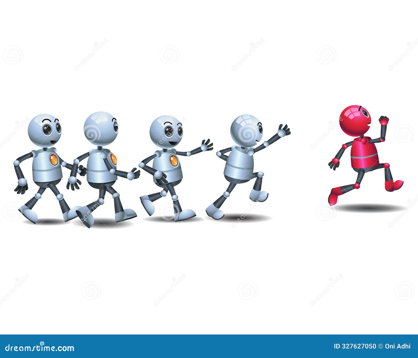 3D Illustration of a Little Robot Worker Running Away from the Crowd ...