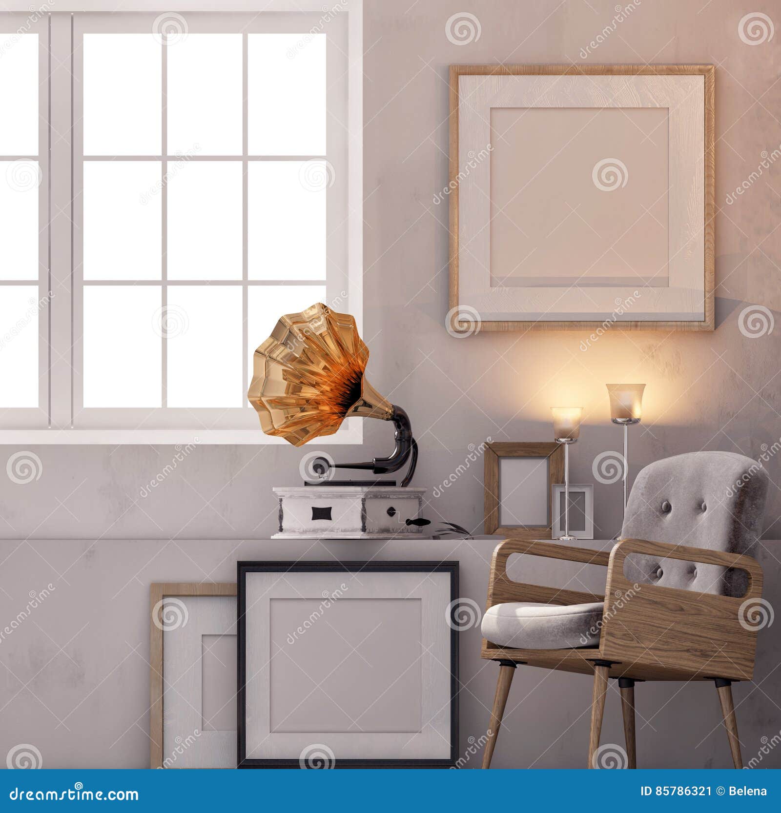 3d Illustration, Loft Interior with Bench, Frames and Gramophone Stock ...