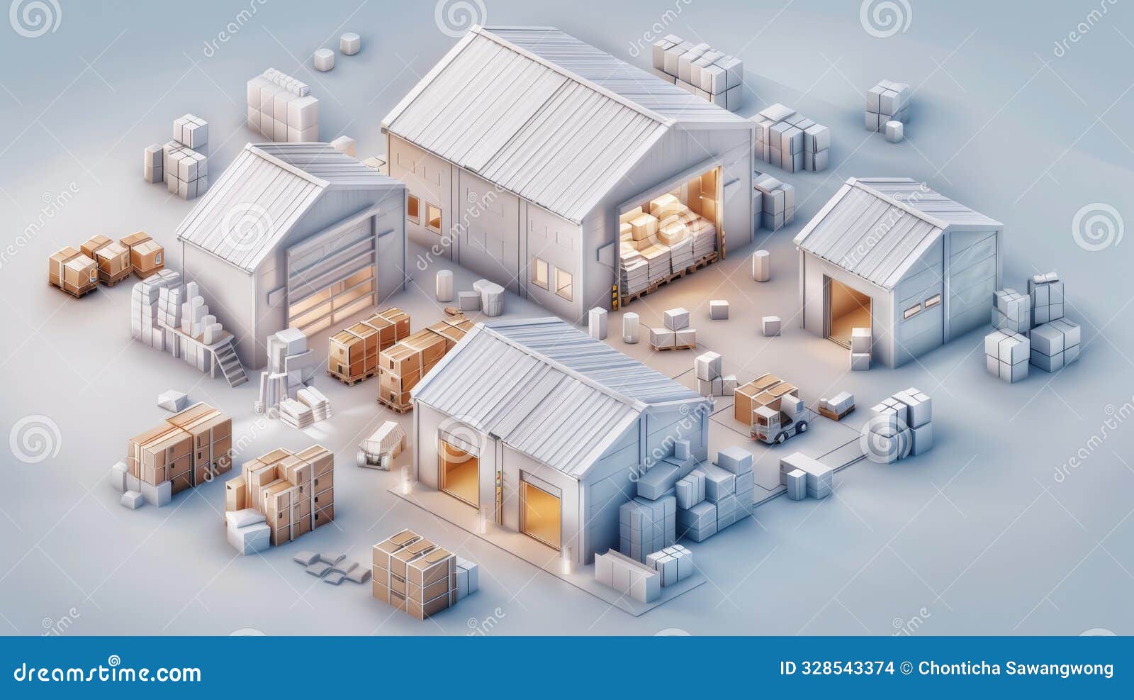 3D Illustration of a Logistics Warehouse Complex with Storage Buildings ...
