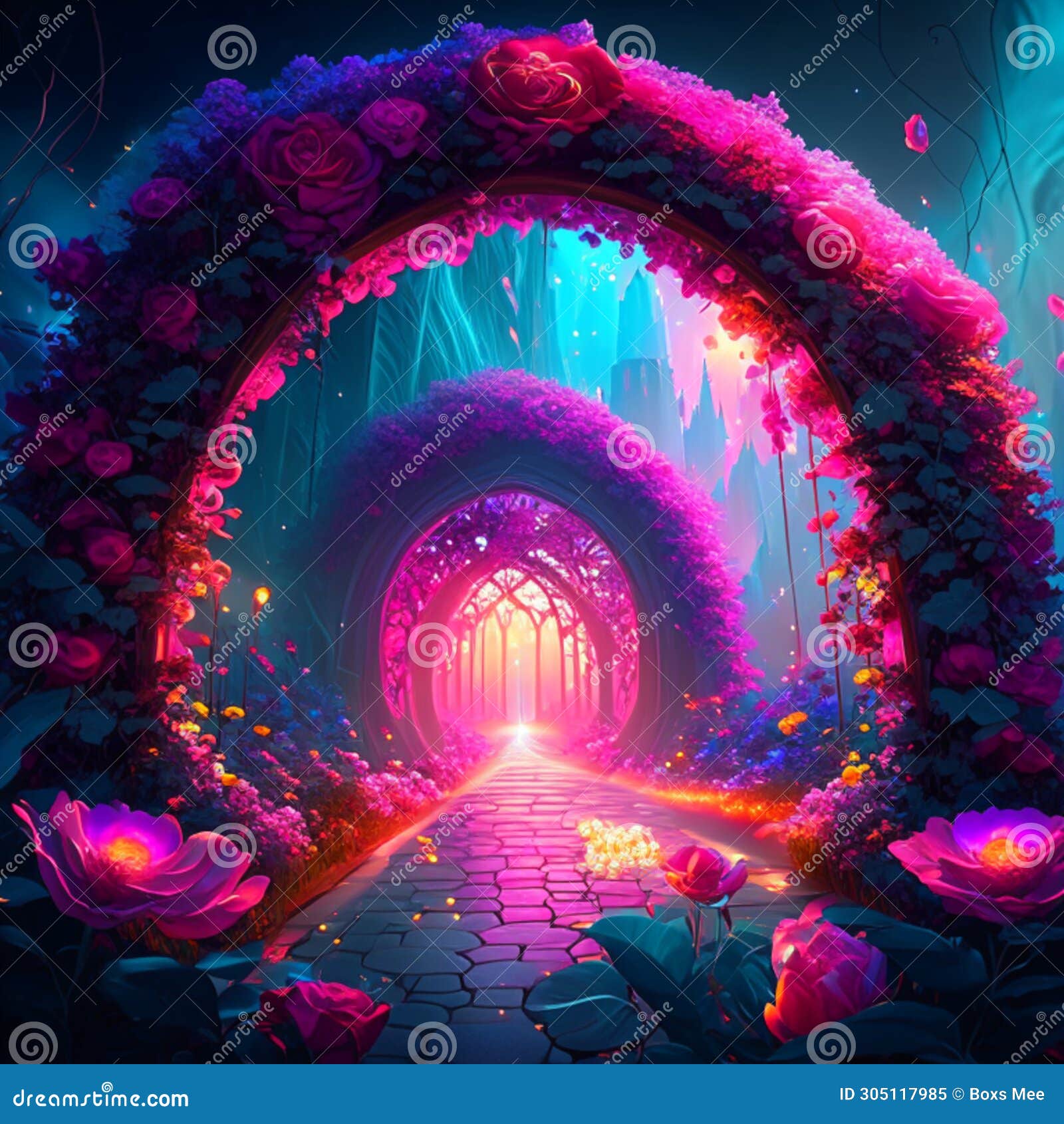 3d Illustration of Magic Tunnel with Rose Flowers and Magic Light. 3d ...