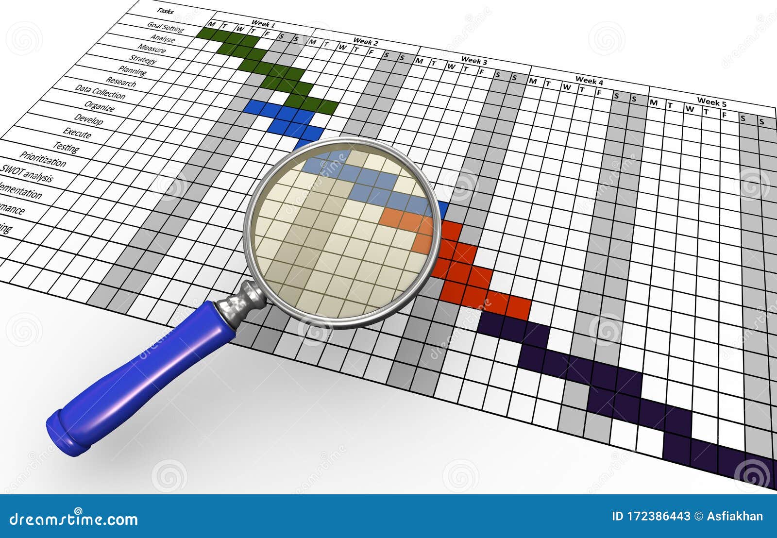 3d Illustration Of Magnifier Over Gantt Chart Royalty-Free Cartoon ...