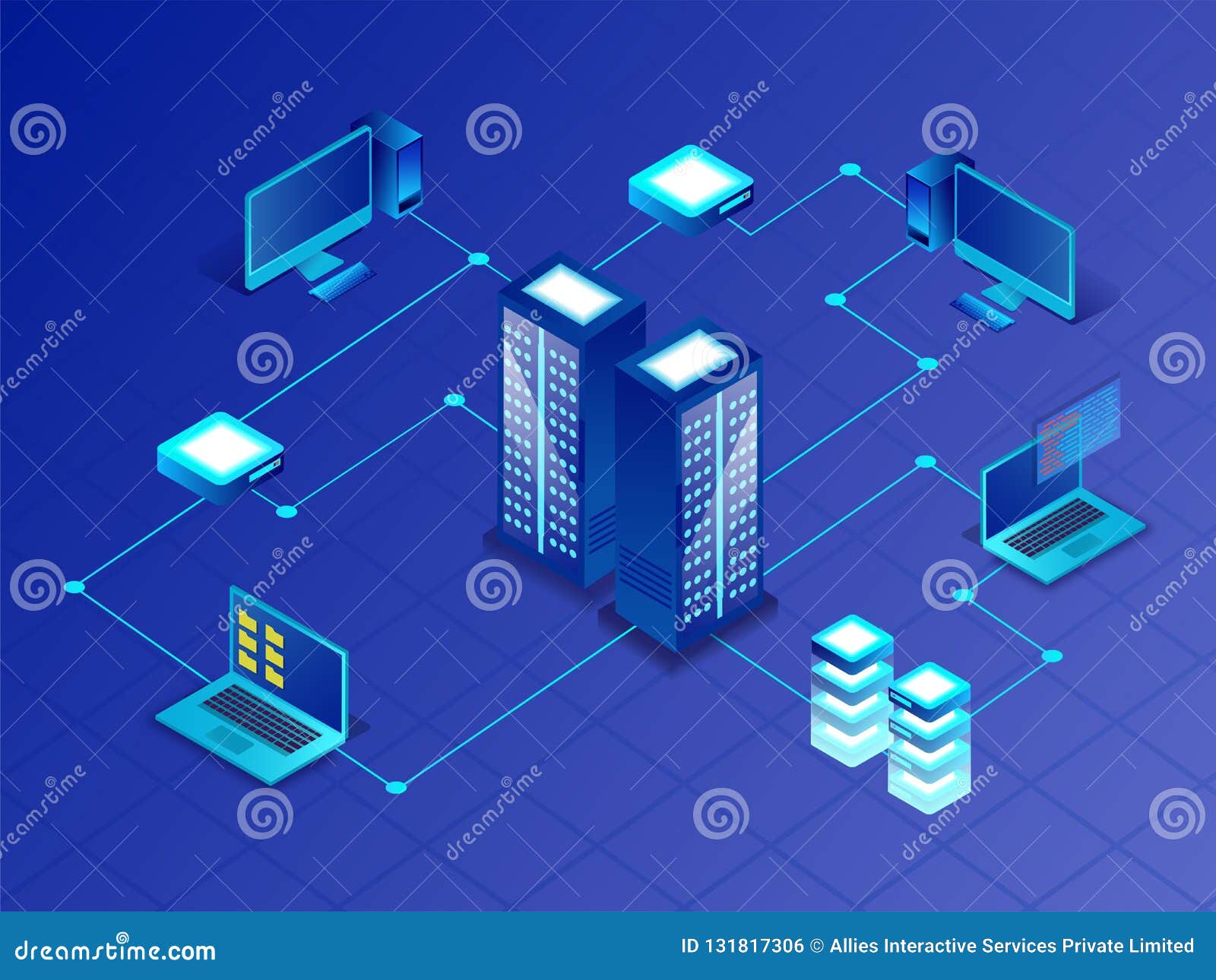 3D Illustration of Main Server Connected with Computer, Laptop a Stock ...