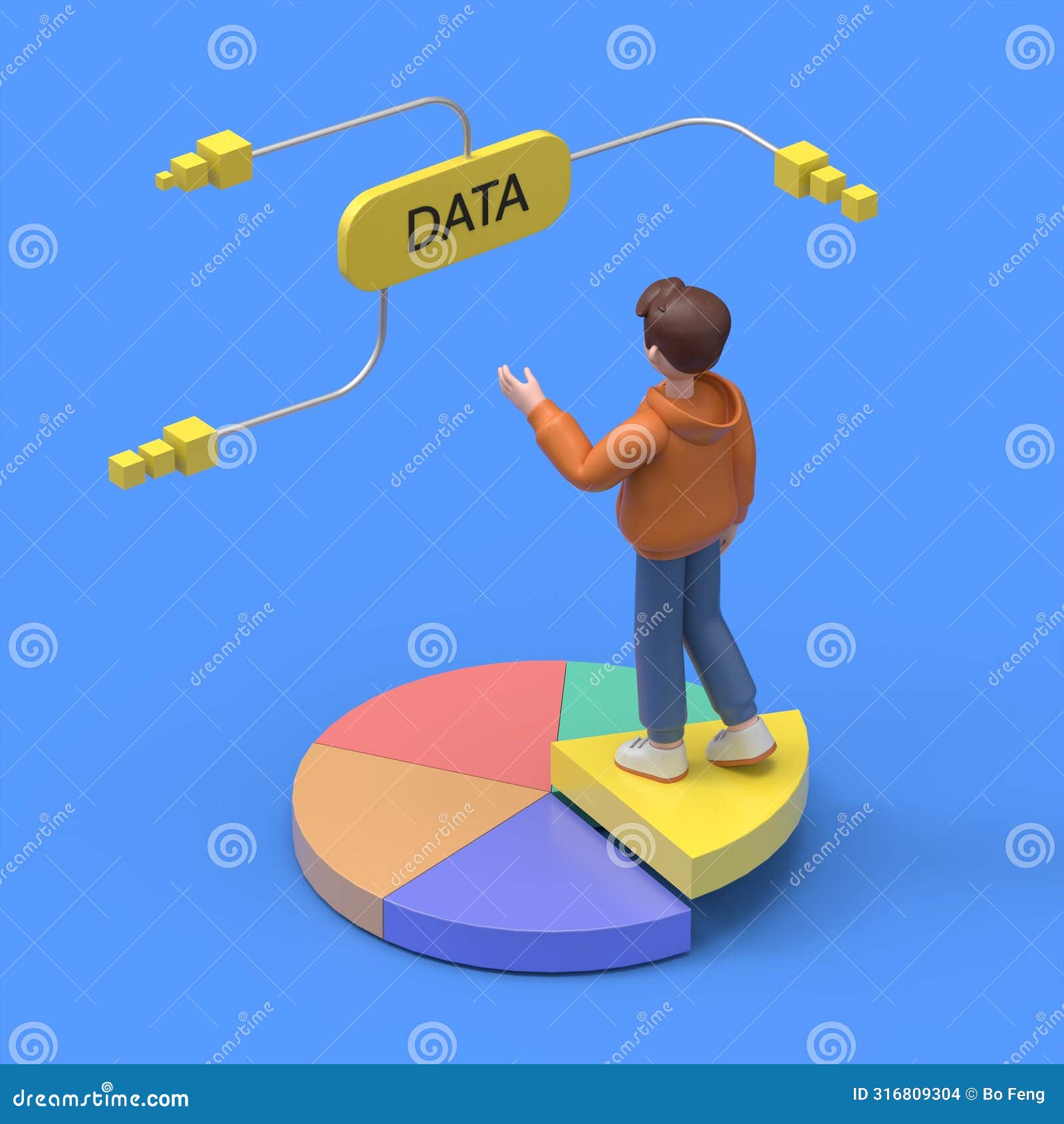 3D Illustration of Male Guy Qadir Stands on a Slice of Chart Pie and ...