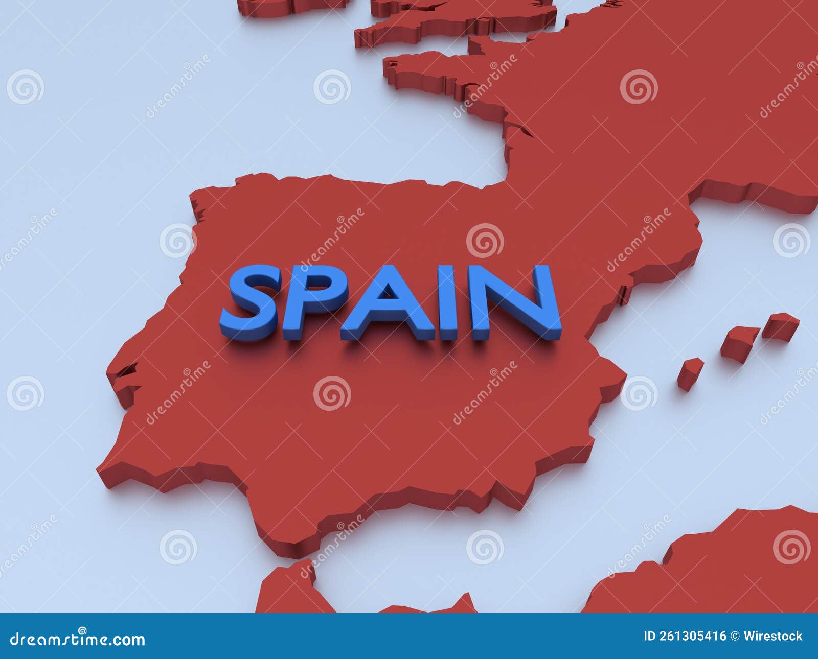 3D Illustration of a Map of Spain in Red Isolated on a Plain Blue ...