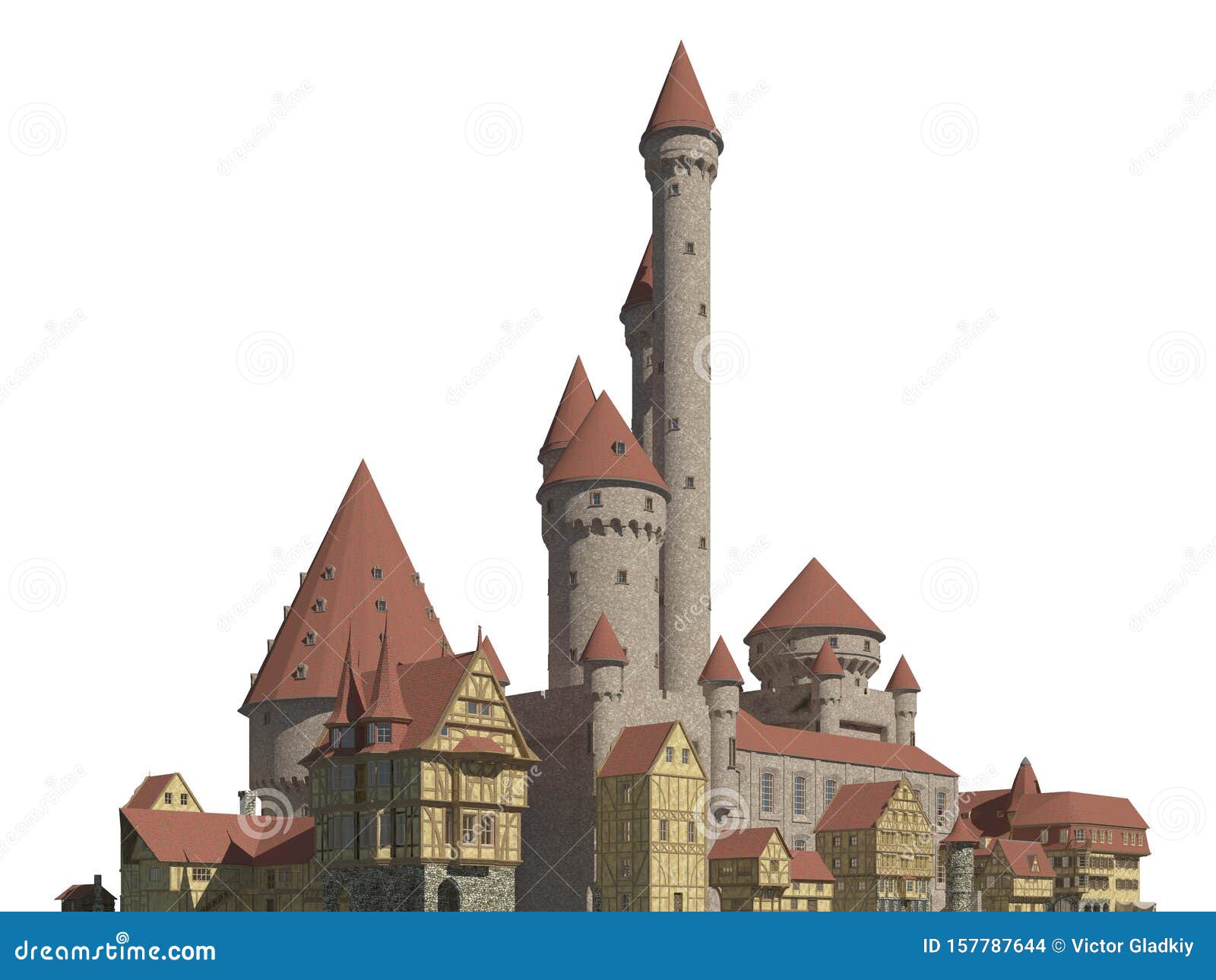 Medieval Cityscape Isolated on White Background 3D Illustration Stock ...