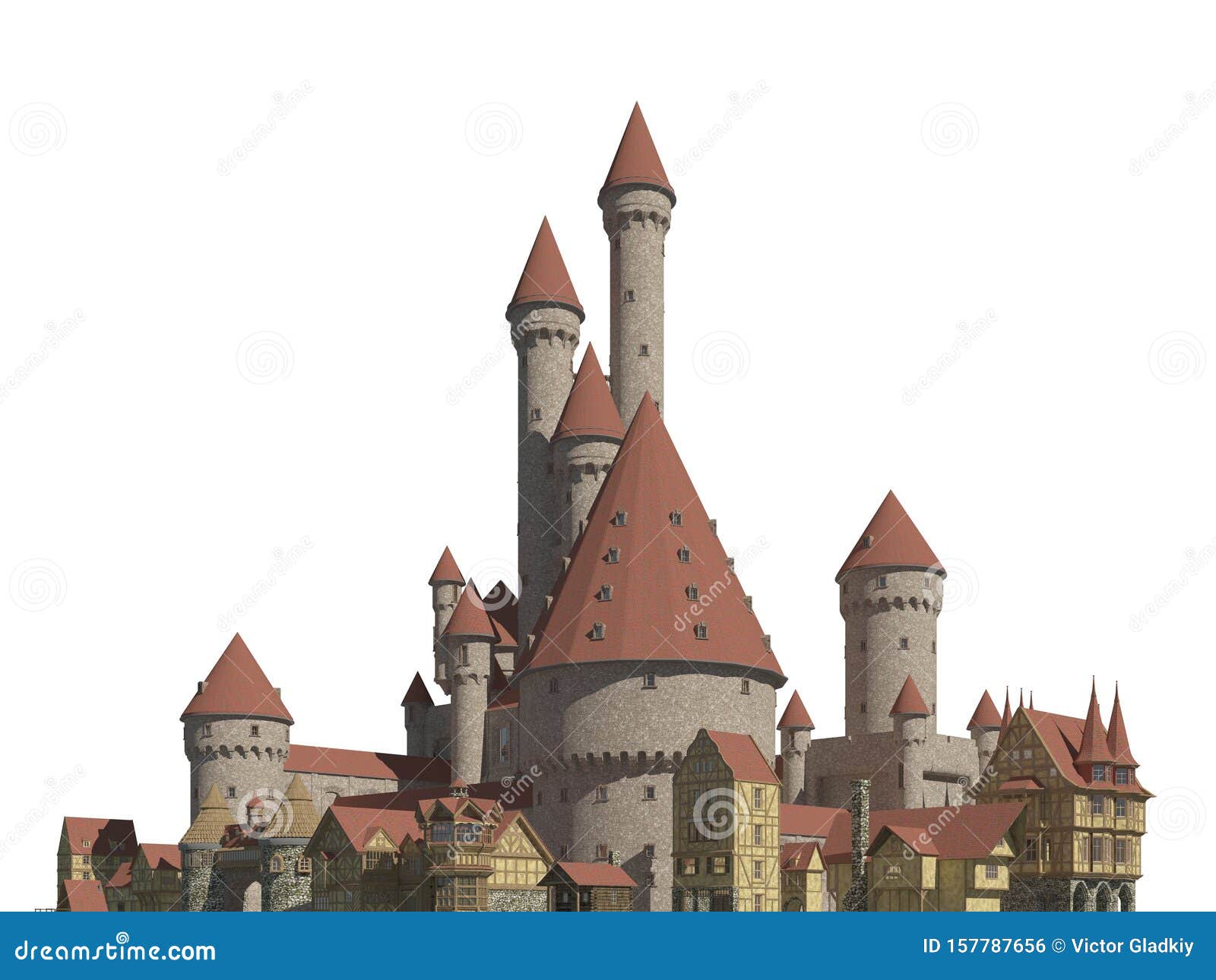 Medieval Cityscape Isolated on White Background 3D Illustration Stock ...