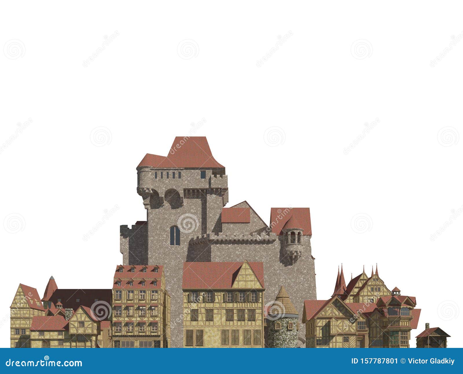 Medieval Cityscape Isolated on White Background 3D Illustration Stock ...