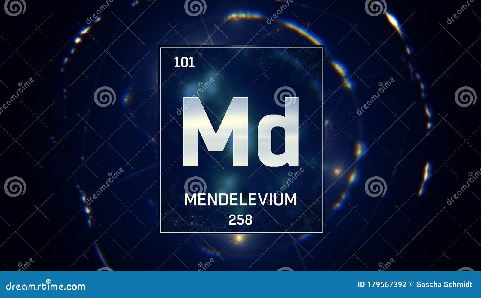 Mendelevium As Element 101 of the Periodic Table 3D Illustration on Blue Background Stock ...