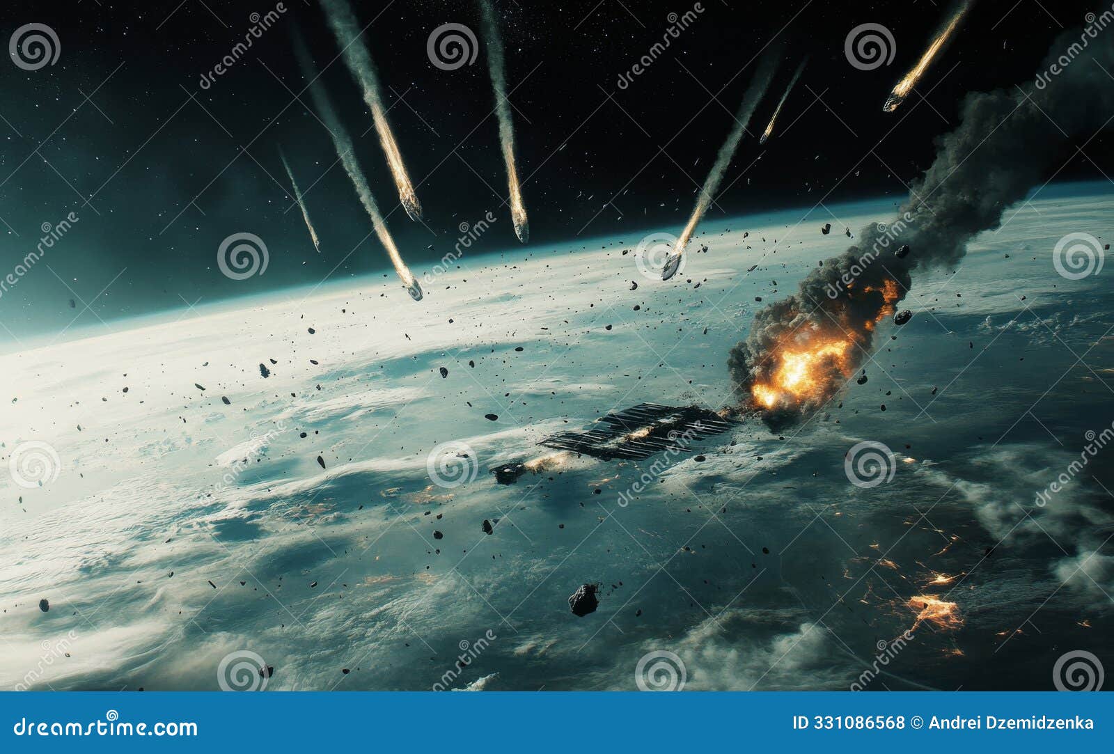 This is a 3D Illustration of a Meteor Shower and Space Station. this ...