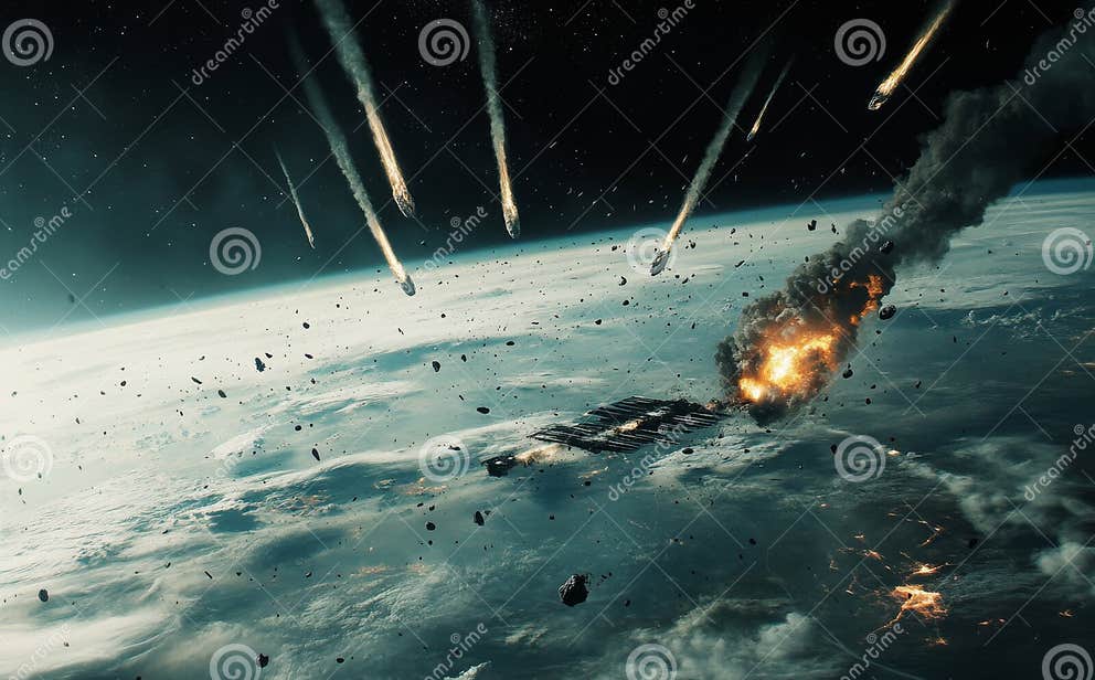 This is a 3D Illustration of a Meteor Shower and Space Station. this ...