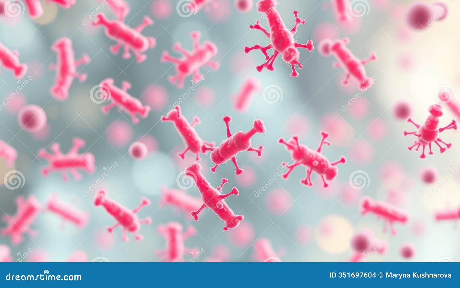 3D Illustration Microscopic Bacteria. Pink Microorganisms Float in ...