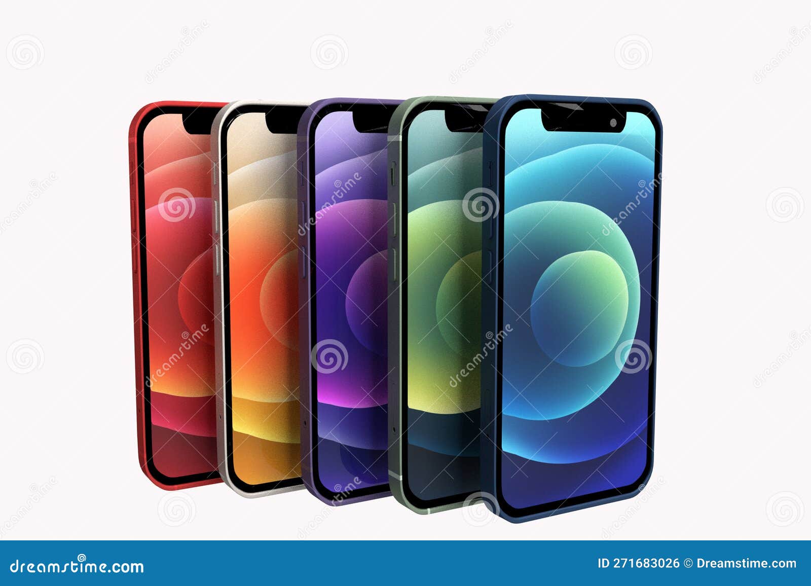 3D Illustration: 5 Mobiles with Colorful Screen Backgrounds Stock ...