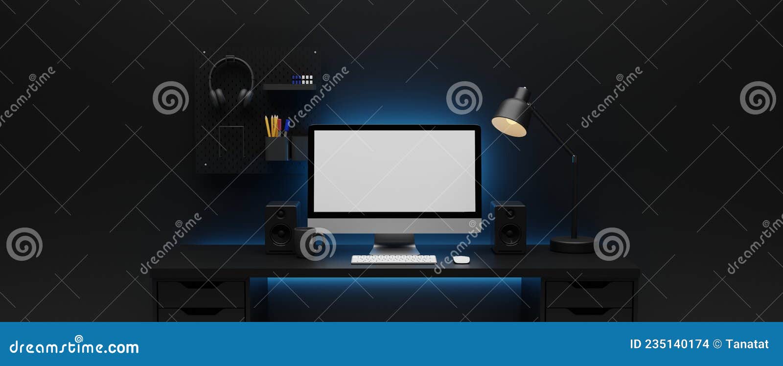 Modern Computer with Blank Screen in the Dark Room Stock Illustration ...