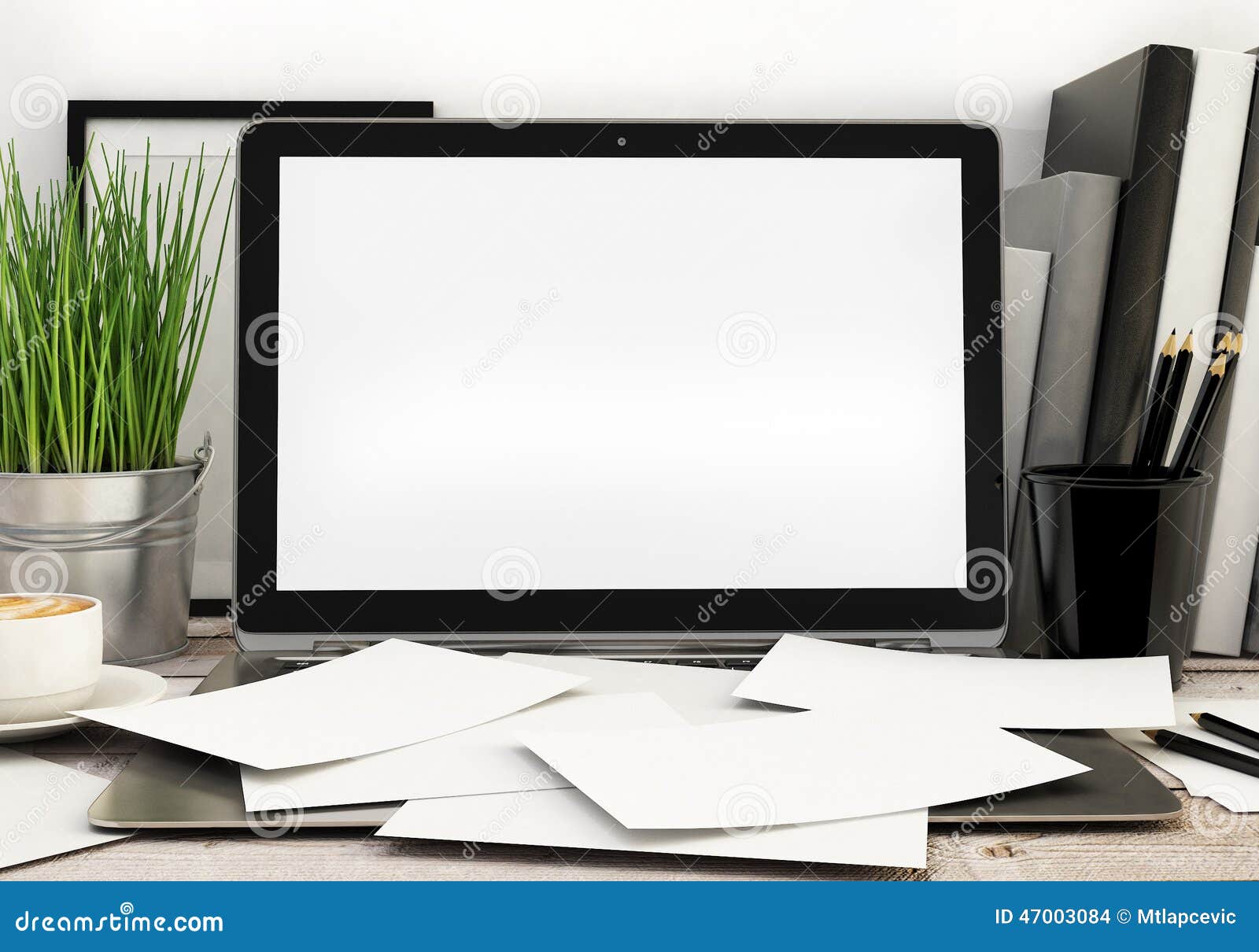 Laptop Template Mockup With A Cool Stickman Figures. Royalty-Free Stock ...