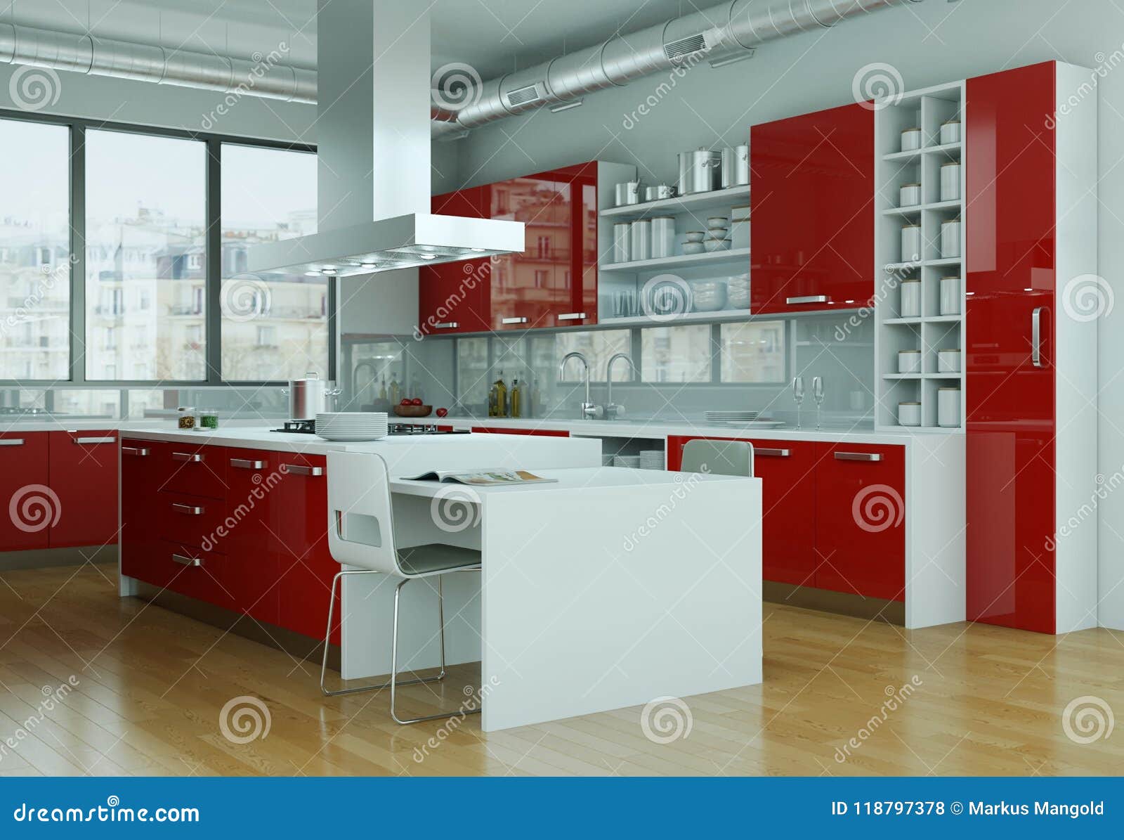 Modern Red Kitchen Interior Design Illustration Stock Illustration ...