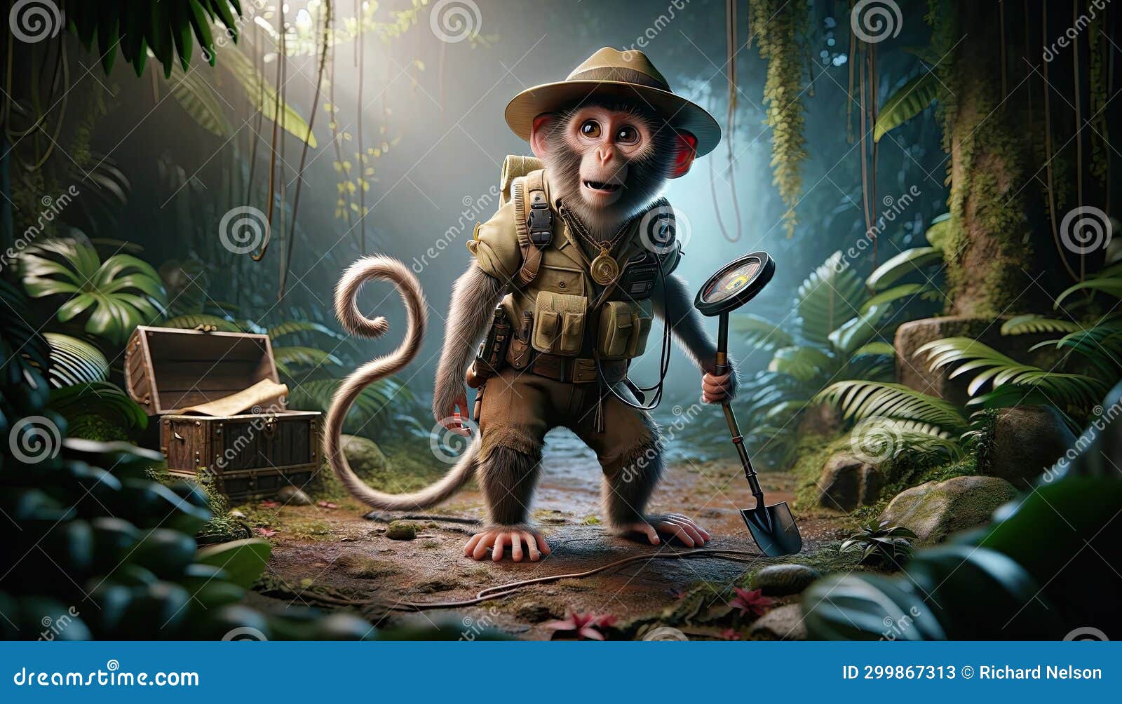 Explorer Monkey with Metal Detector Stock Illustration - Illustration ...