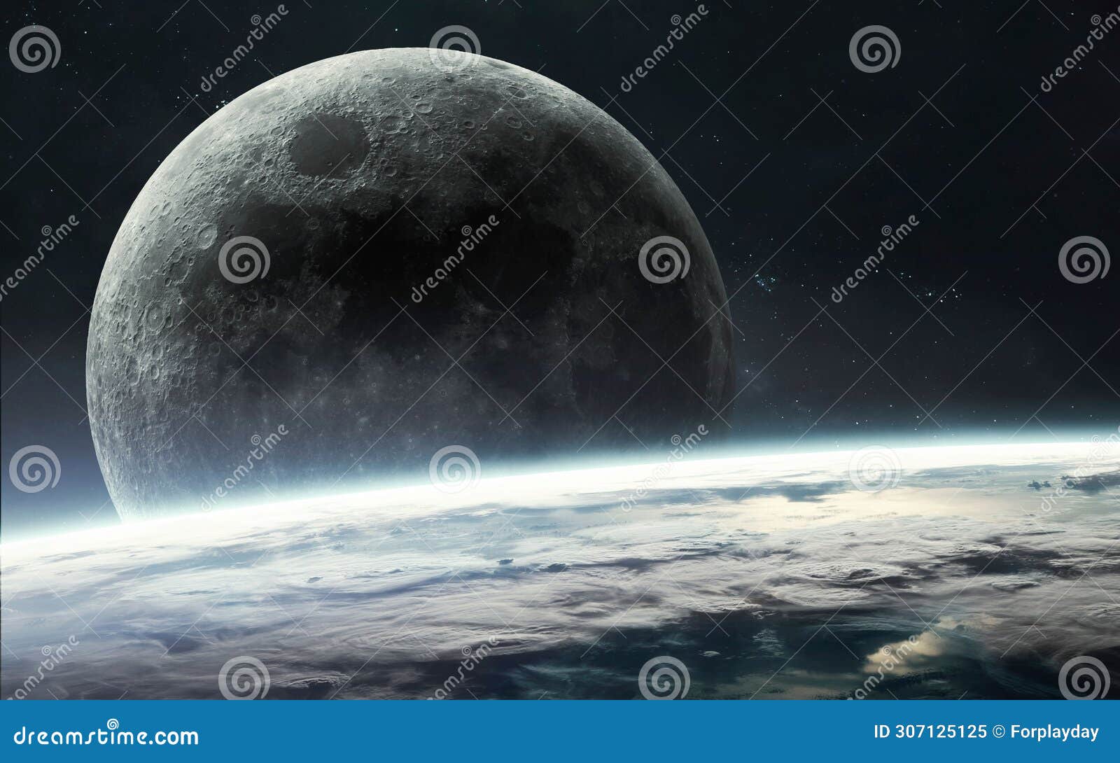3D Illustration of Moon View from Earth Orbit. Artemis Space Program ...