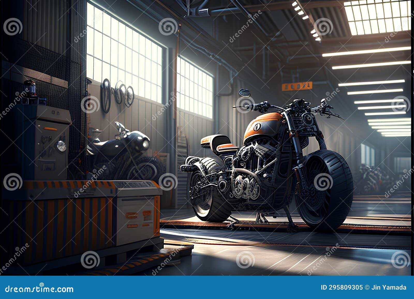3d Illustration of a Motorcycle in the Garage. Motorcycle Factory Stock ...