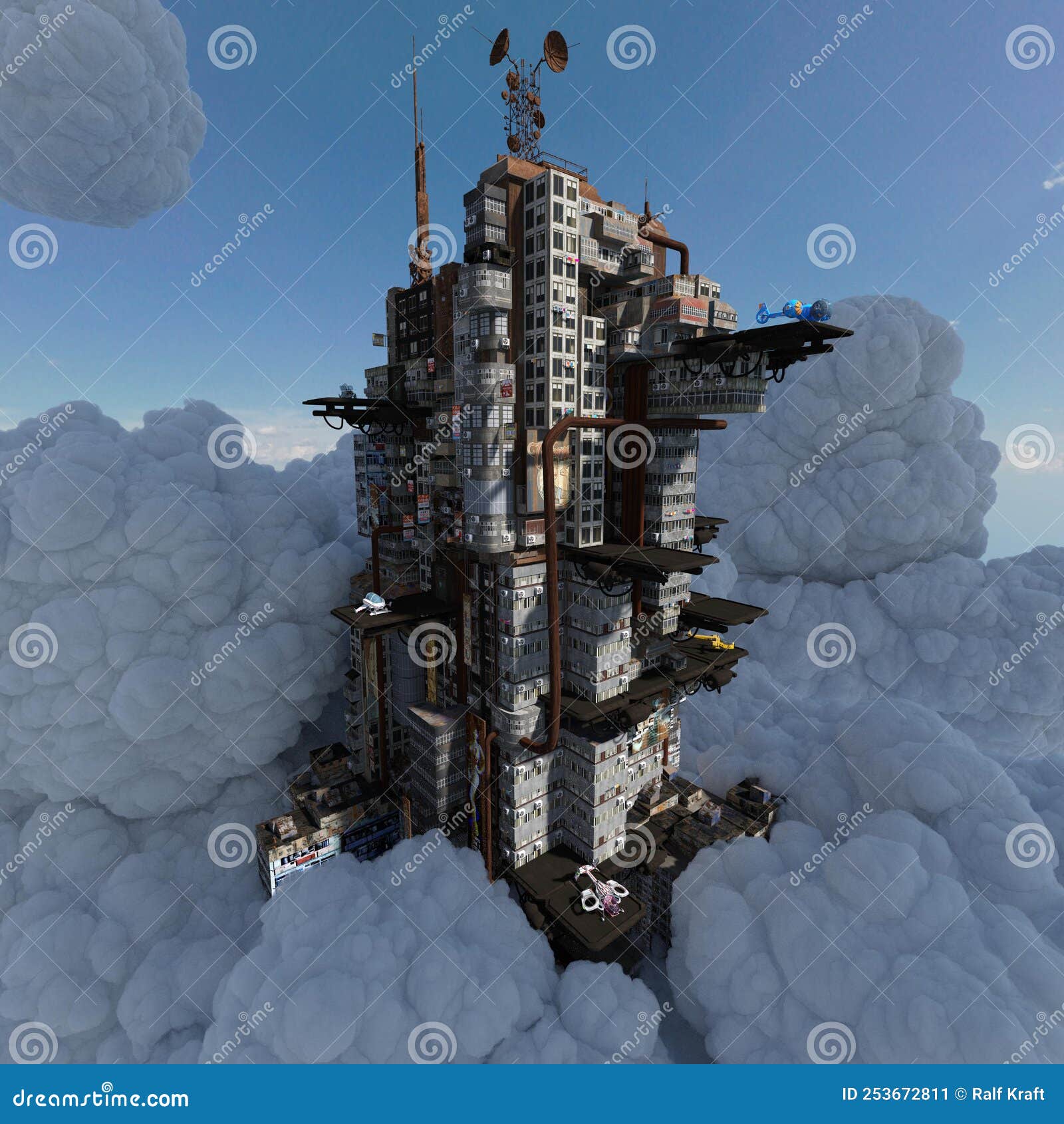 3D-illustration of a Multiverse with Skysrcapers in the Clouds Stock ...