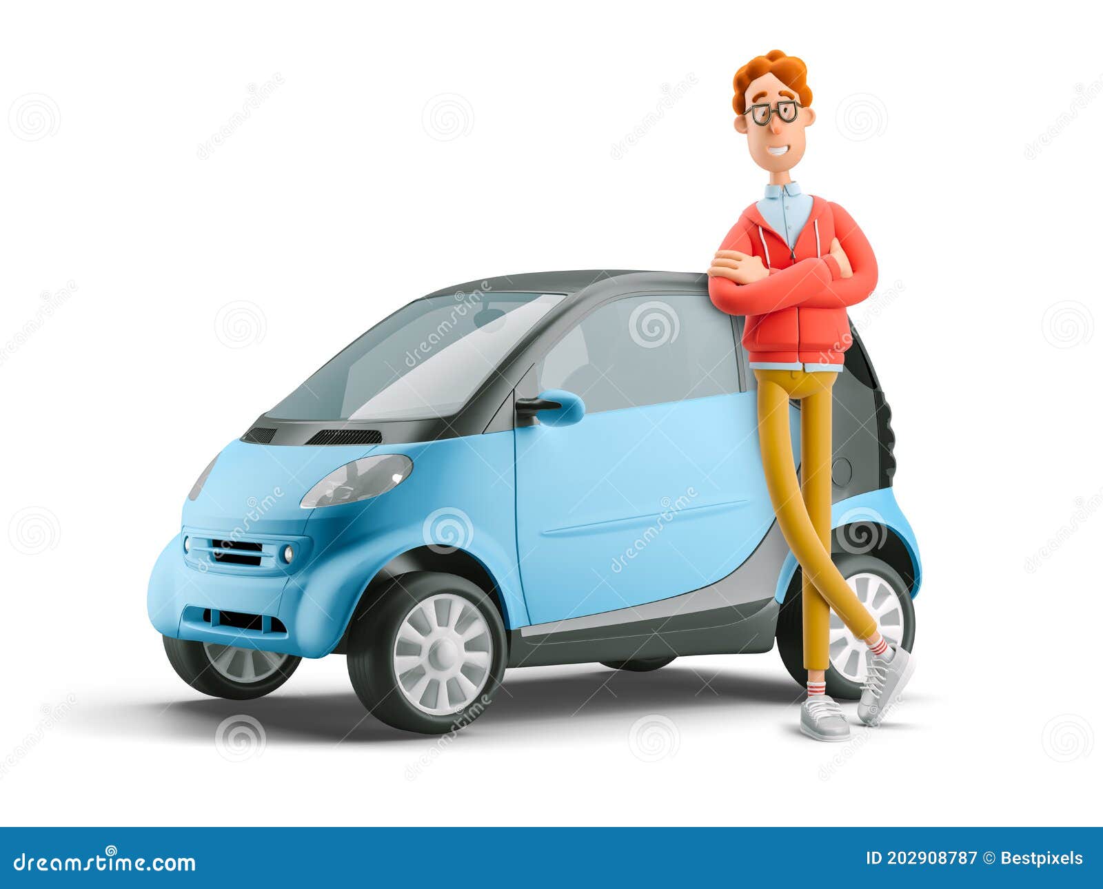 3d Illustration. Nerd Larry with Smart Car. Car Sharing Concept. Stock ...
