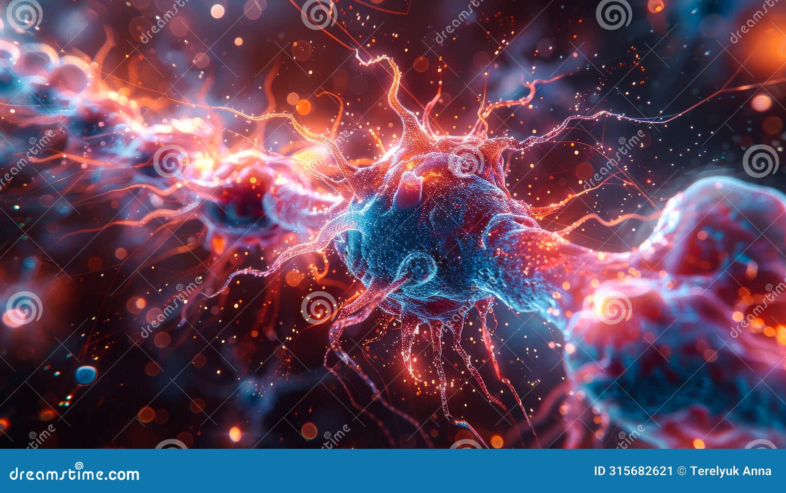 3D Illustration of Nerve Cell on Colored Background with Light Effects ...