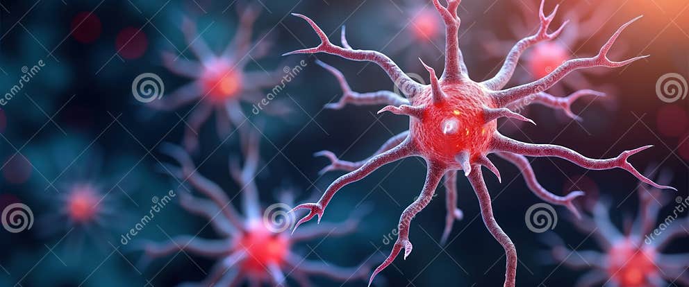 3D Illustration of Neuron. Reddish-pink Neuron Structure with ...