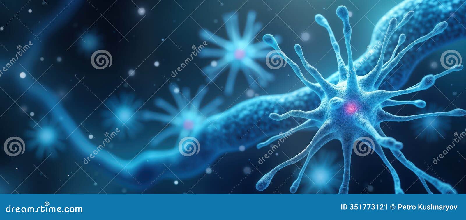Blue Nerve Cell Banner: Brain's Neuron System With Synapses. AI Stock ...