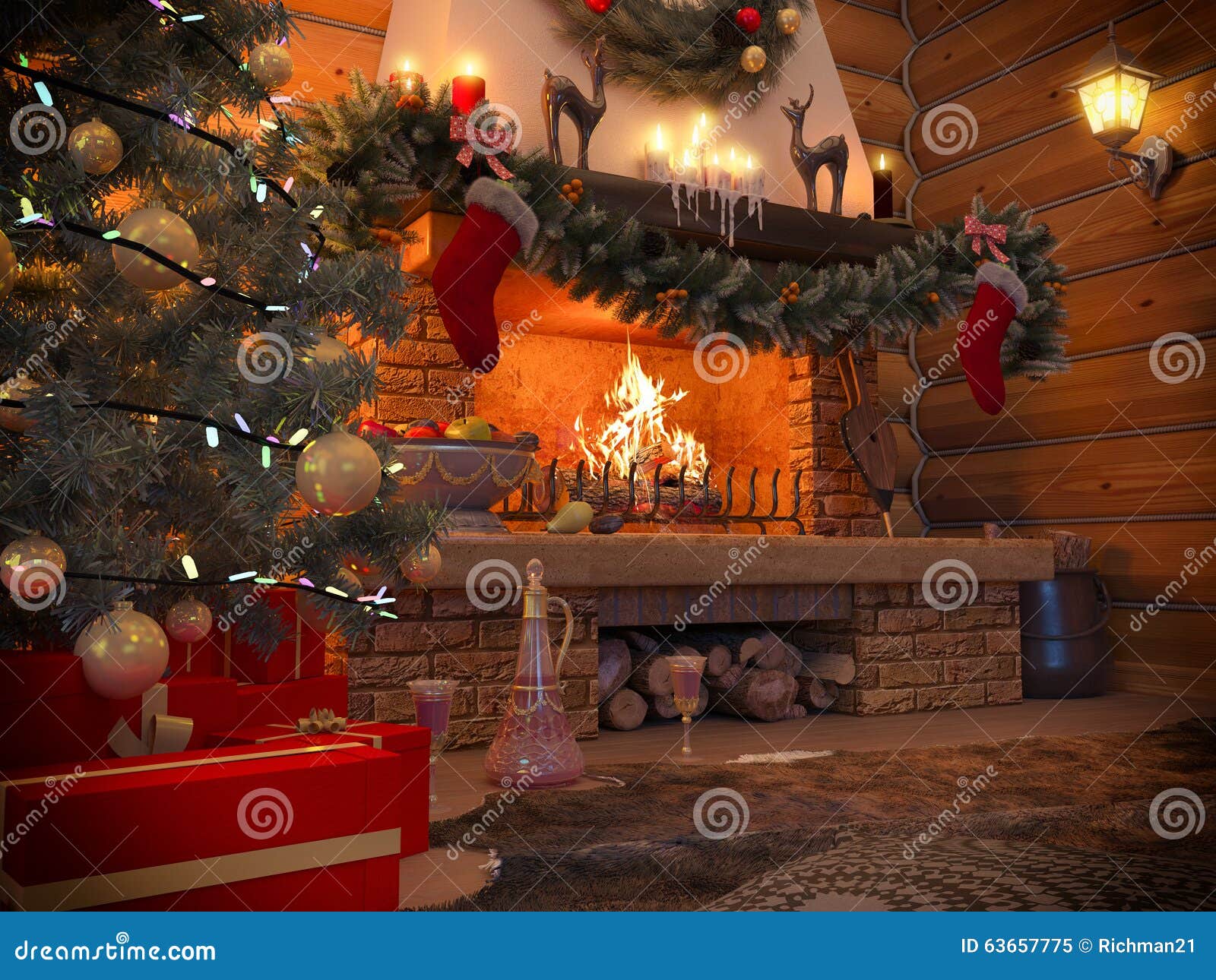 3D Illustration New Year Interior with Christmas Tree, Presents Stock ... 3D Illustration New Year Interior with Christmas Tree, Presents Stock ...