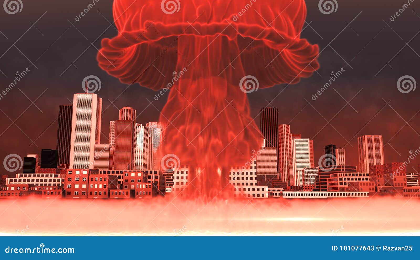 3D Illustration of a Nuclear Explosion Over a Large City Stock ...