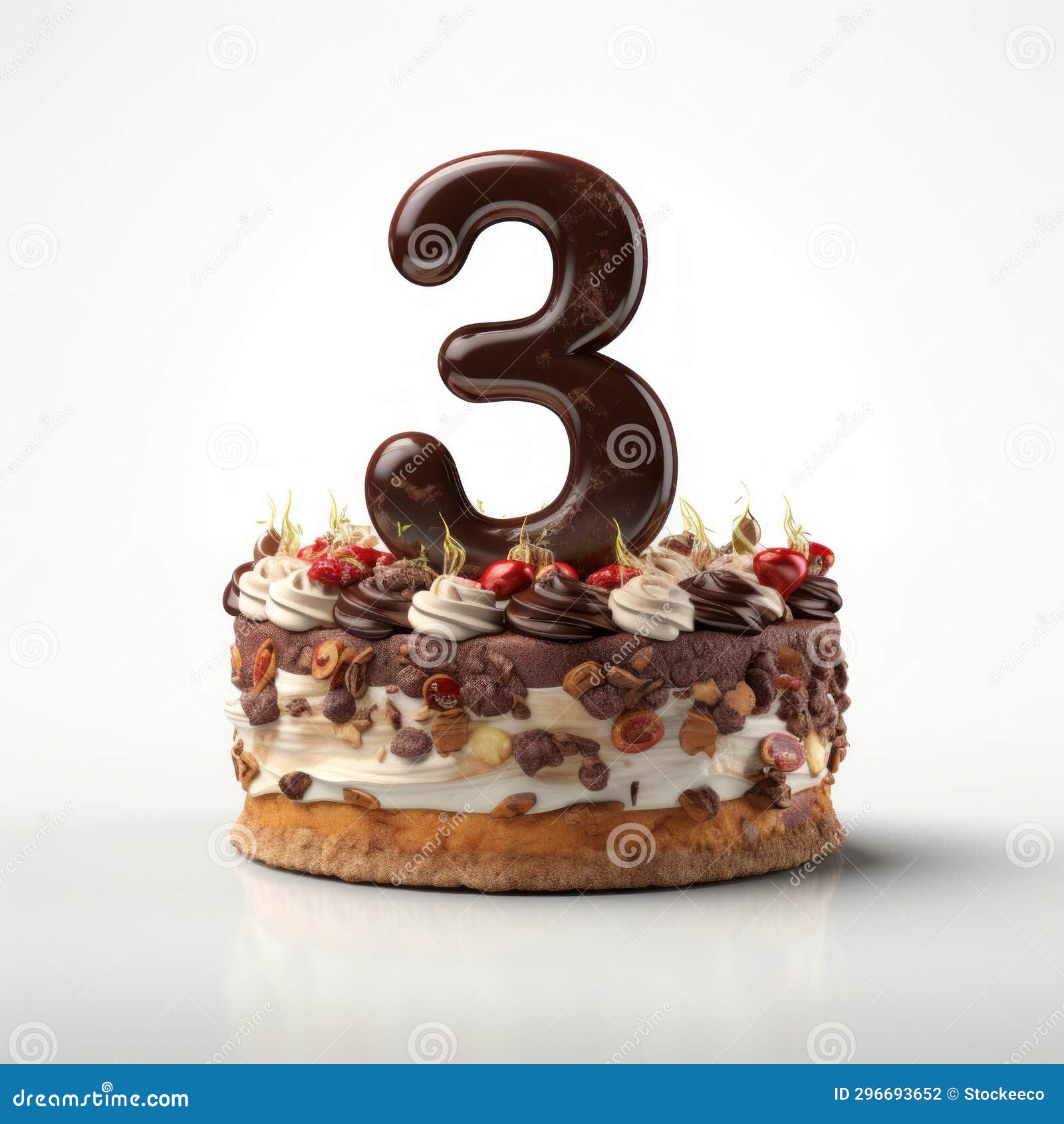 Hyperrealistic Number 3 Cake with Chocolate, Cookies, and Cherries ...