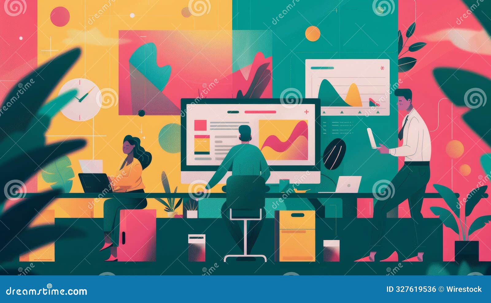 3D Illustration of an Office Workspace with Employees Working on ...