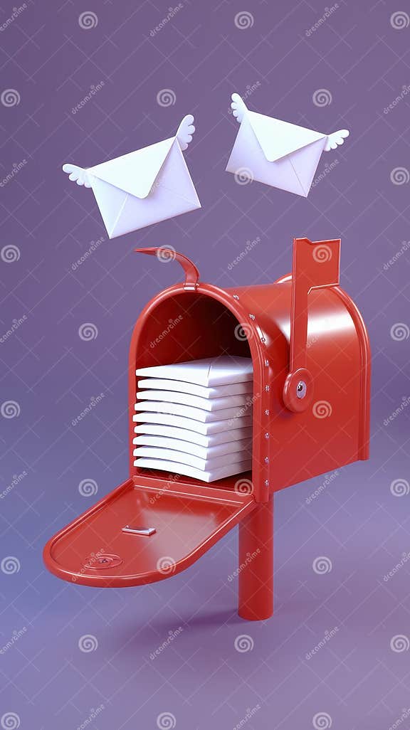 3D Illustration of Open Red Mailbox with Envelopes and Paper Documents ...