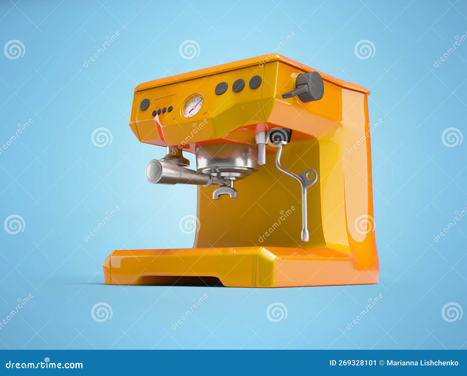 3D Illustration of Orange Coffee Machine for Home Brewing on Blue ...