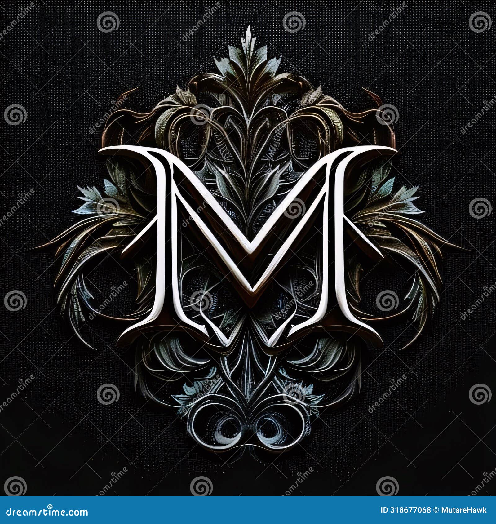 3D Illustration of Ornate Letter M with Floral Pattern on Black ...