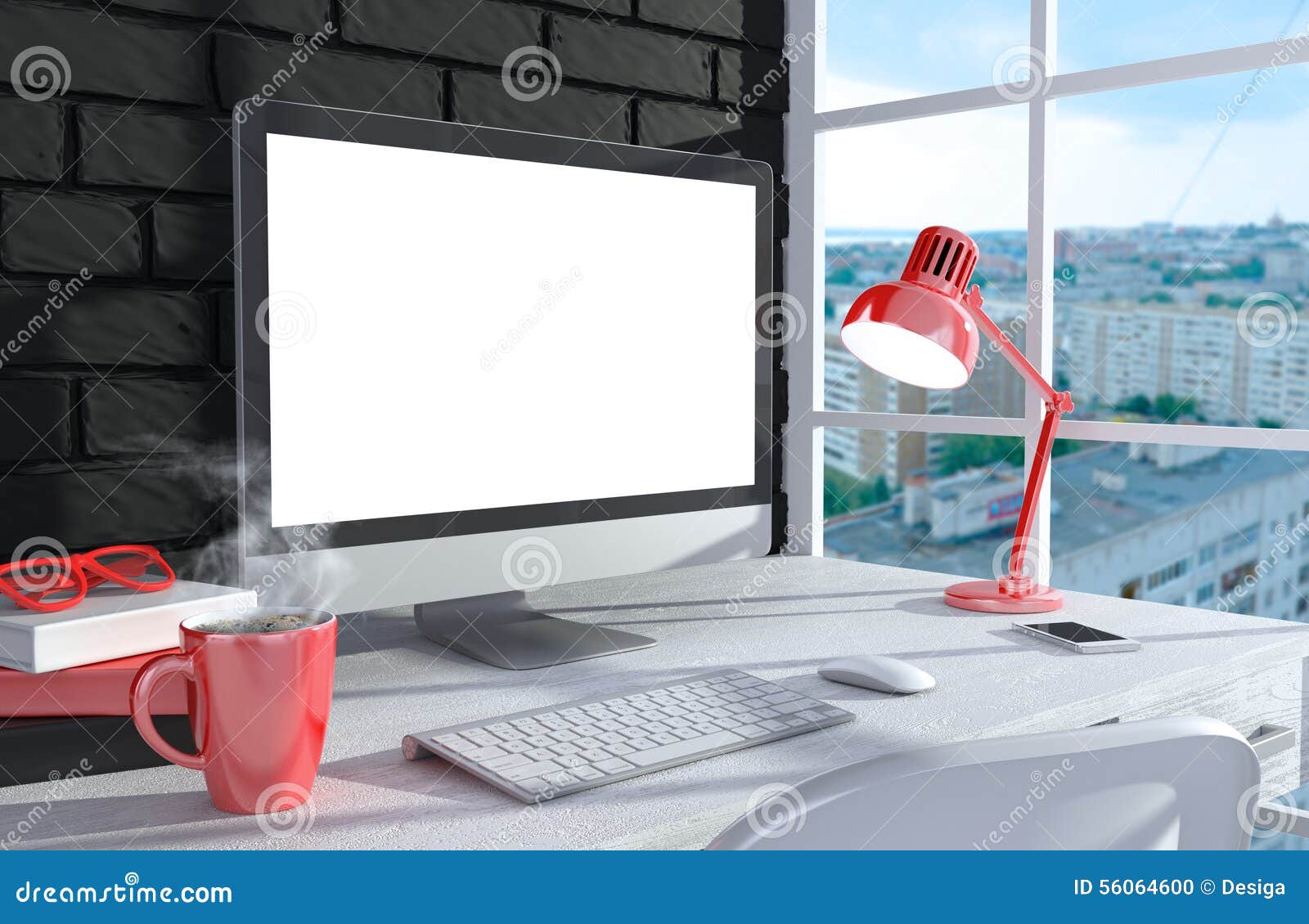 3D Illustration PC Screen on Table in Office Stock Illustration ...